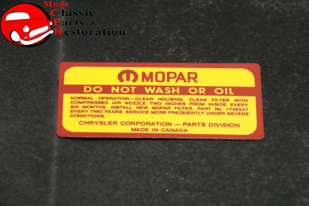 66 Mopar Plymouth Dodge 318 Air Cleaner Service Instructions Decal ...